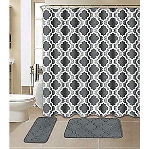 All American Collection 15-Piece Bathroom Set with 2 Memory Foam Bath Mats and Matching Shower Curtain | Designer Patterns and Colors (Geometric Grey)