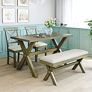 Harper & Bright Designs 4-Piece Wood Dining Table Set, Farmhouse Rustic Kitchen Dining Table with 2 Upholstered X-Back Chairs and Bench, Gray Green