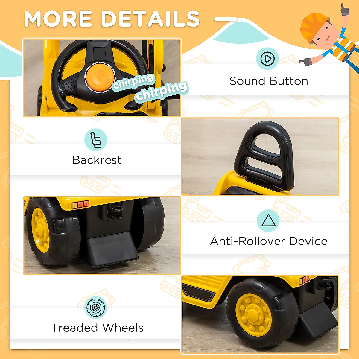Aosom Kids Ride on Excavator Pulling Cart with Sound Effects, No Power Digger Scooter Ride-on Toy Construction Vehicle for Toddler or Preschool Age with Under-Seat Storage, Treaded Wheels