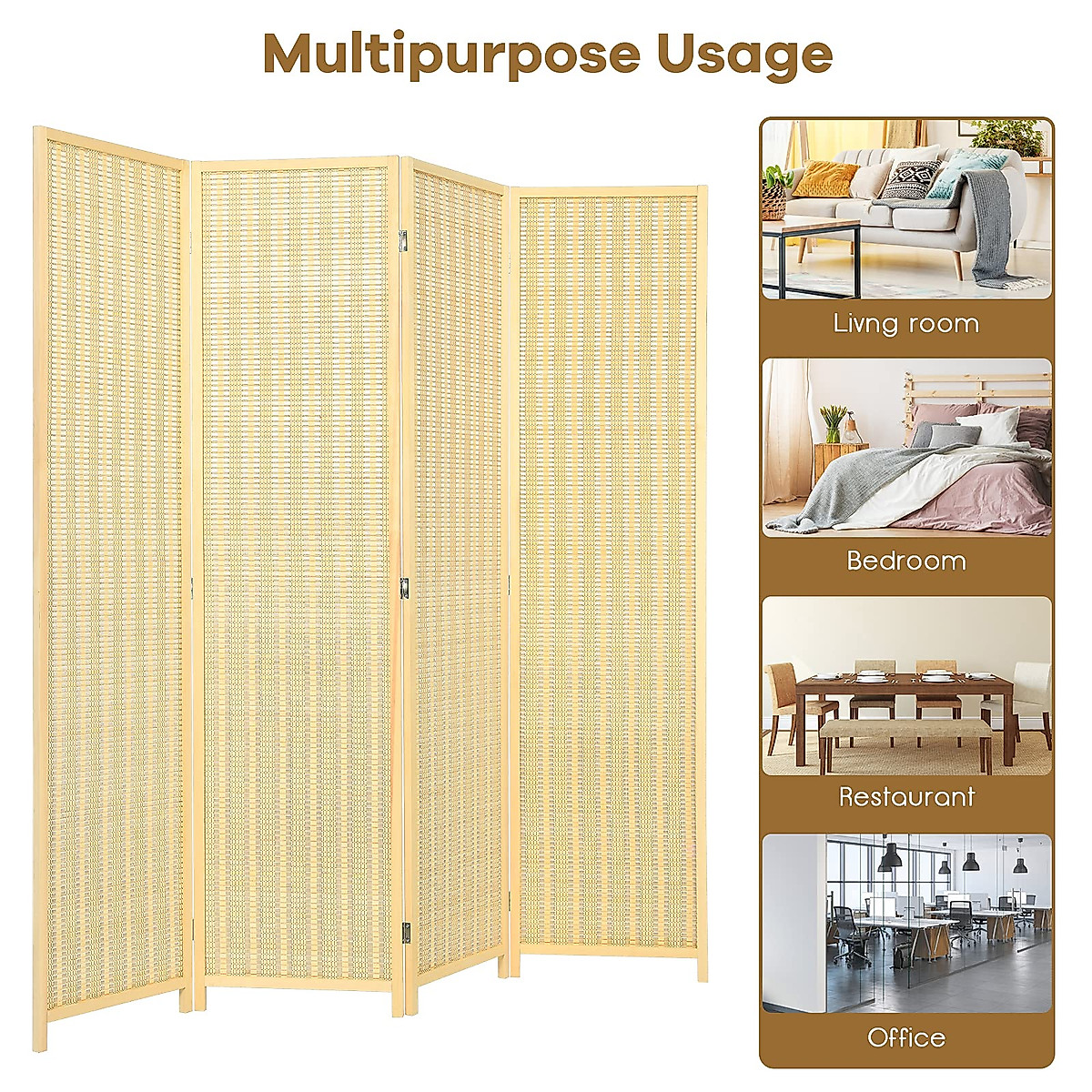 Giantex Bamboo Room Divider, 6 Ft Tall Freestanding Folding Privacy Screen, Wooden Room Separators Divider Wall, Portable Partition Boho 4 Panel Room Dividers for Home Office Bedroom Apartment Studio