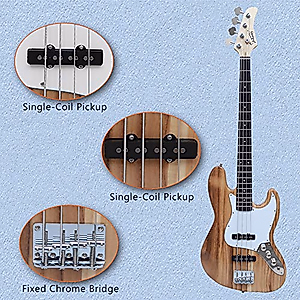 Glarry Gjazz Electric Bass Guitar 4 String Full Size for Beginner Right Hand with Shoulder Strap, Wrench Tool, Power Line and Bag (Burly Wood)