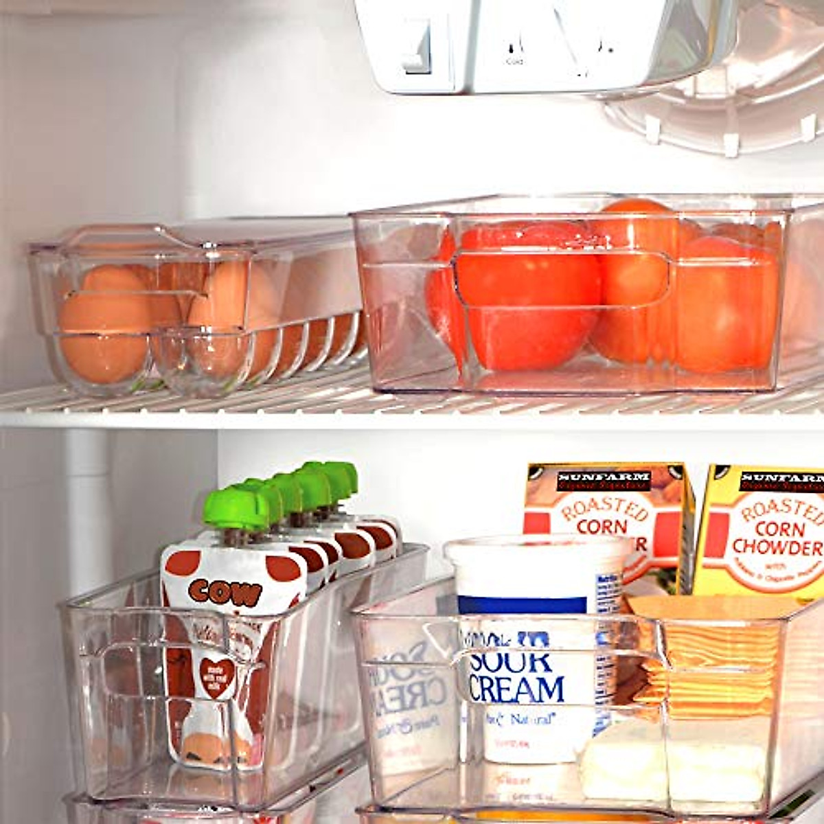 Smart Design Stackable Refrigerator Egg Holder Bin with Handle and Lid - BPA Free Plastic - Fridge Drawer, Freezer Tray, Kitchen Pantry Storage Container Organizer - 14.65 x 3.25 Inch - Clear