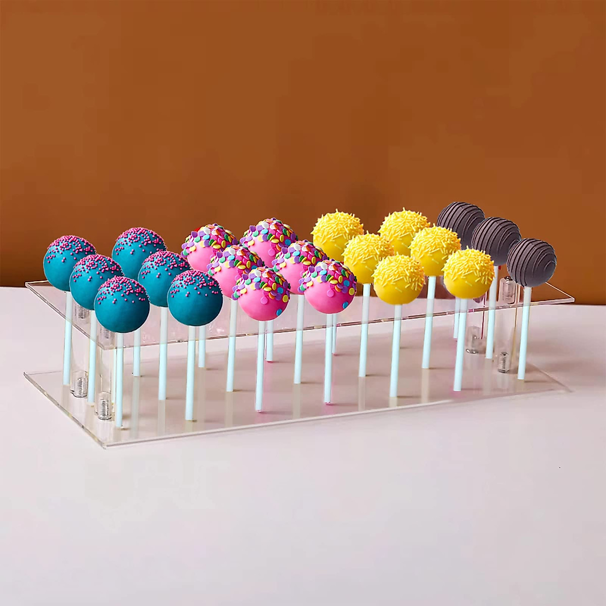 Cake Pop Stand,2PC Cake Pop Holder 21-Hole Display Acrylic Lollipop Holder 100PCS Cake Pop Sticks Clear Treats Bags and Gold Metallic Twist Ties for Candy Cake Pop Making Tools