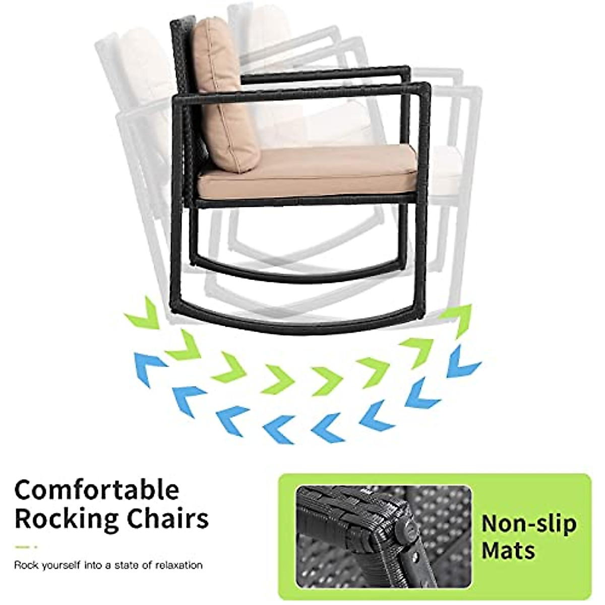 FDW Rocking Wicker Patio Furniture Modern Conversation Sets with Coffee Table for Yard and Bistro, Black