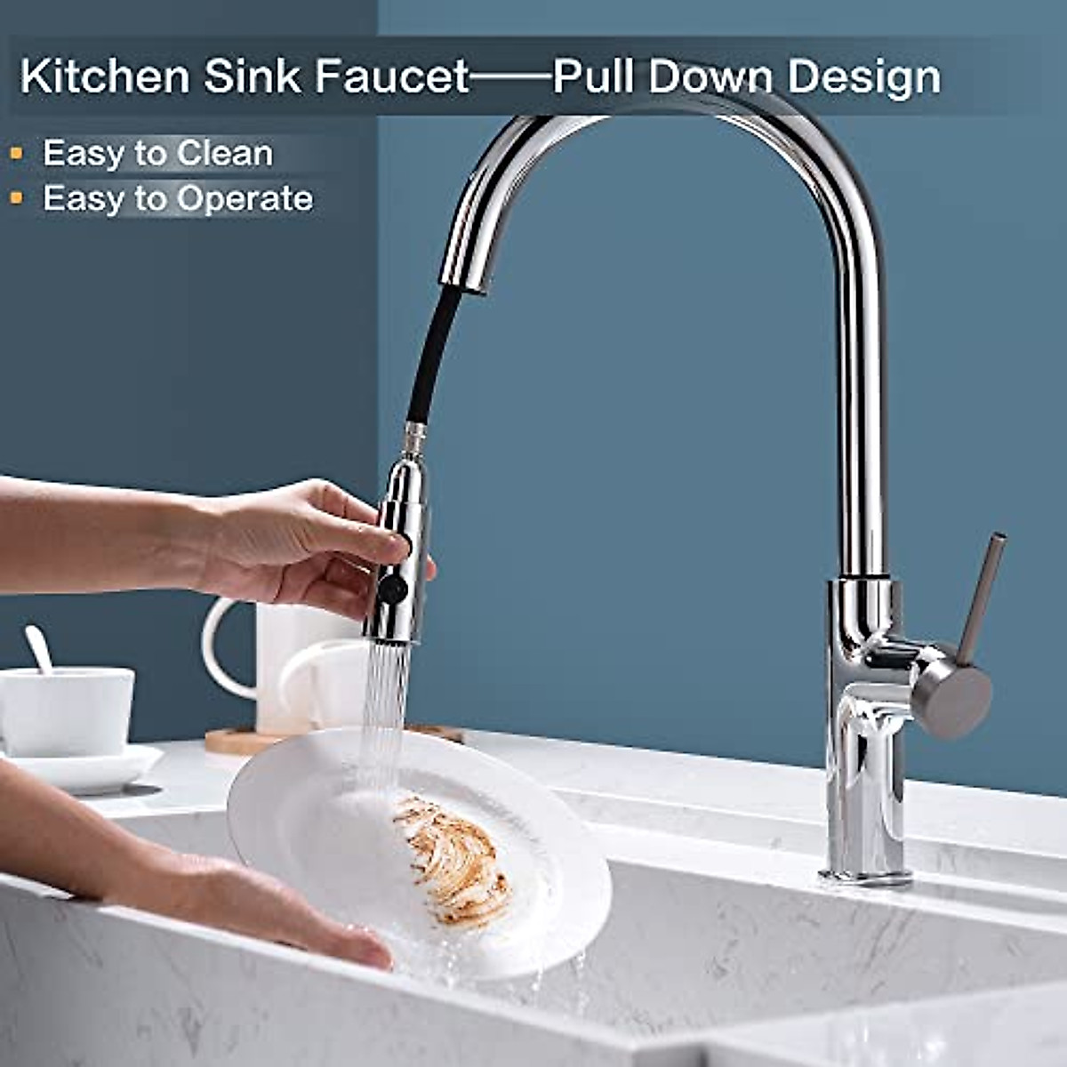 LQS Kitchen Faucet with Pull Down Sprayer, Sink Faucet, Single Handle Kitchen Faucet, High Arc Kitchen Sink Faucets, Faucet for Kitchen Sink, Chrome