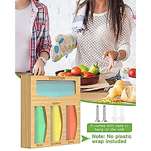 Uamector Bamboo Ziplock Bag Organizer for Drawer, Food Bags Dispenser Plastic Bags Holder for Kitchen, Hanging Baggie Container for Gallon Quart Sandwich or Snack Bag Trash Bags