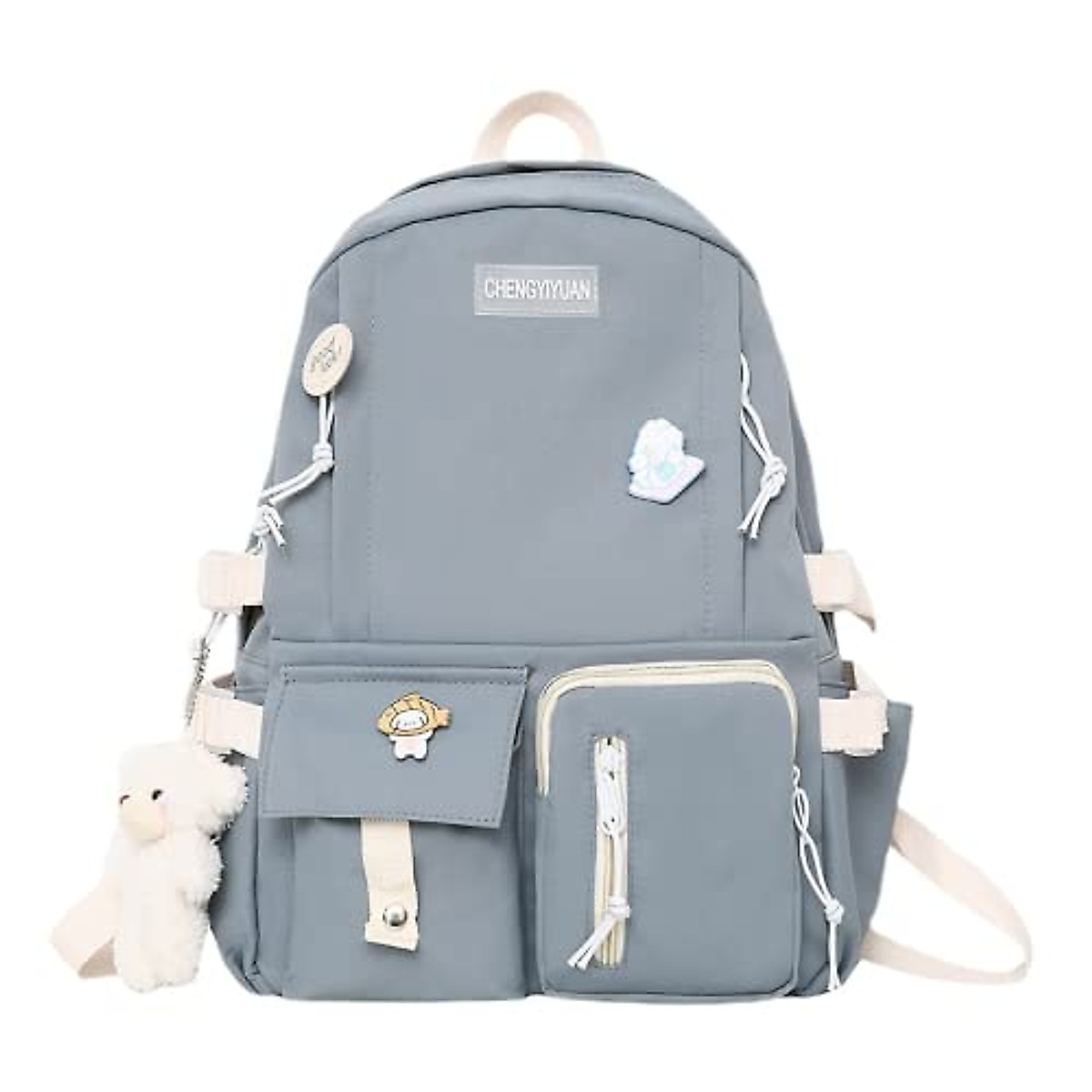 FPlace Laptop Backpack Shoulders Bag Schoolbag Travel Bag for Student Casual Cute Kawaii Y2K With Plush Bear Pendant Gift (Blue)