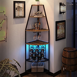 Espelism 5-Tier Corner Wine Rack with LED Light Floor Standing Wine Rack with Glass Holder and Bottles Wine Storage Home Bar Furniture for Kitchen Living Dining Room (Rustic Brown)