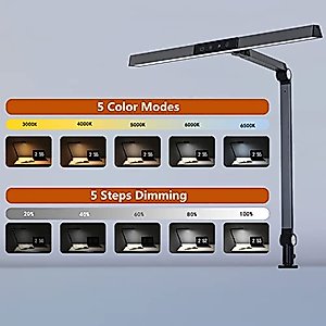 Eye-Caring Desk Lamp for Home Office, Architect Lamp with Clamp, 5 Color Modes & Brightness Levels, 60" Timer, 4-Joint Axis&120°Polarized Design, Flicker-free, 12W Desk Light for Working・Studying