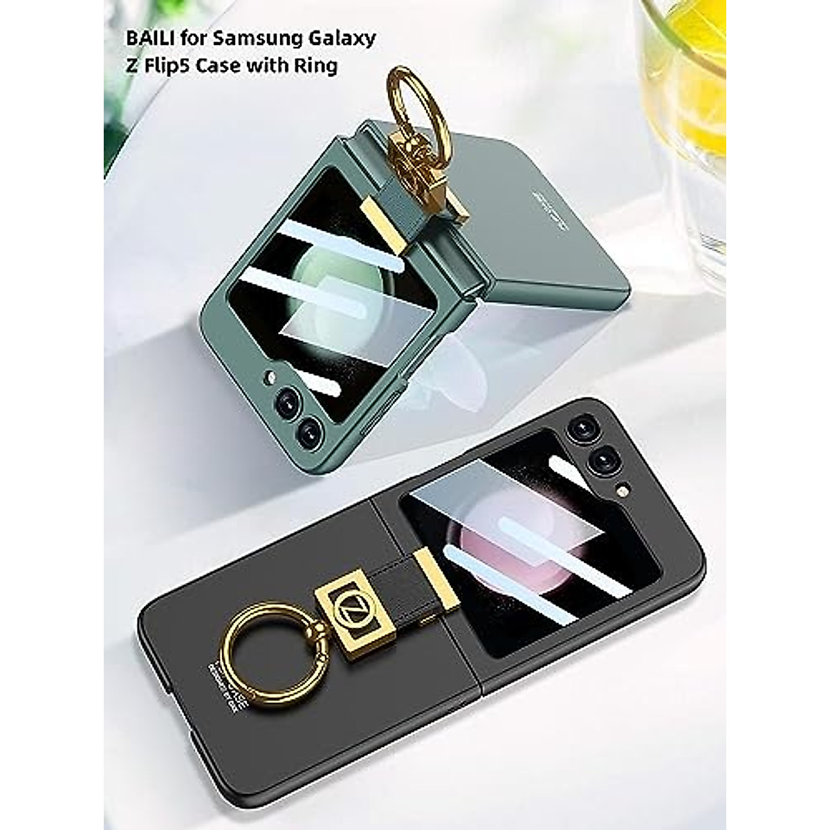 BAILI for Samsung Galaxy Z Flip5 Case with Ring,Galaxy Z Flip5 Cover with Z Ring & HD Small Screen Film,Military Grade All-Inclusive Protection Case with Electroplated Ring Stand for Z Flip 5-Matcha