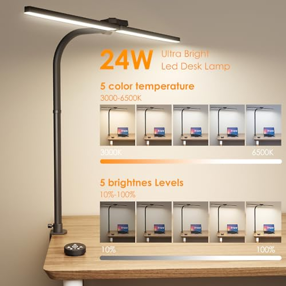 Jeagop LED Desk Lamp for Home Office, 24W Double Head Architect Desk Lamp with Clamp, Remote Control, Adjustable Gooseneck, Stepless Dimming and Tempering Desk Light for Reading Study Drafting