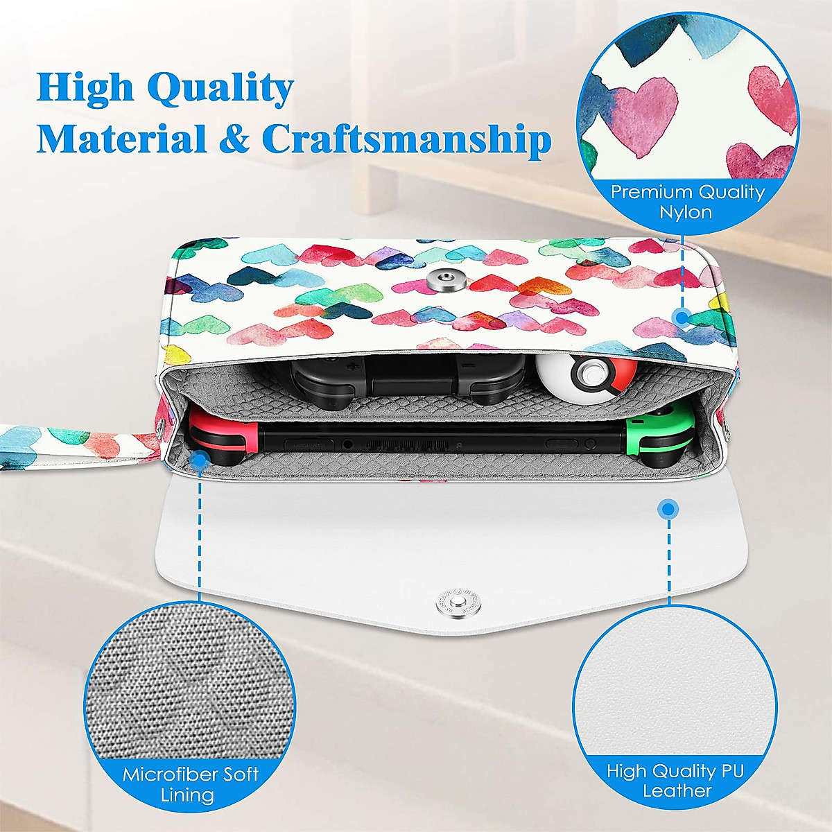 Fintie Carrying Case for Nintendo Switch OLED Model 7.0"/Switch 6.2" - Portable Travel Bag Protective Sleeve Pouch with Game Card Slots & Large Pocket for Switch and Accessories, Raining Hearts