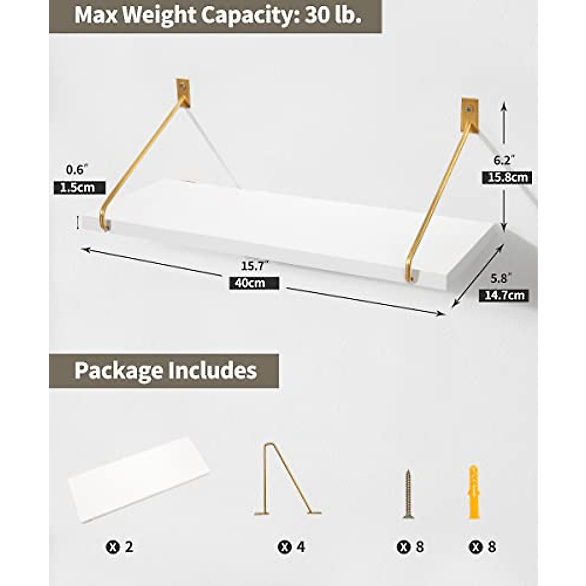 Gronda White Floating Shelves Set of 2, Modern Floating Shelves Wall Mounted with Gold Bracket Wall Shelves for Living Room Bathroom Bedroom Kitchen Office