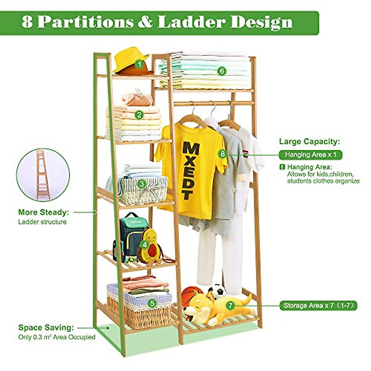 COOGOU Wood Clothes Rack Garment Racks for Hanging Bamboo Clothing Rack with Shelves Corner Narrow Hanging Clothes Racks for Kids Childs Clothes Organizer Small Space,Free Standing (Ladder Design)