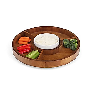 Nambe Duets Collection Lazy Susan, Divided Organizer, Serving Tray, Crudité Platter, Kitchen, Dining, Pantry Display and Storage, Acacia Wood Tray, Porcelain Dip Bowl
