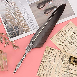 Omabeta Calligraphy Feather Quill Dip Pen Set Quill Dip Pen Feather Fountain Pen for Someone Special(Grey)