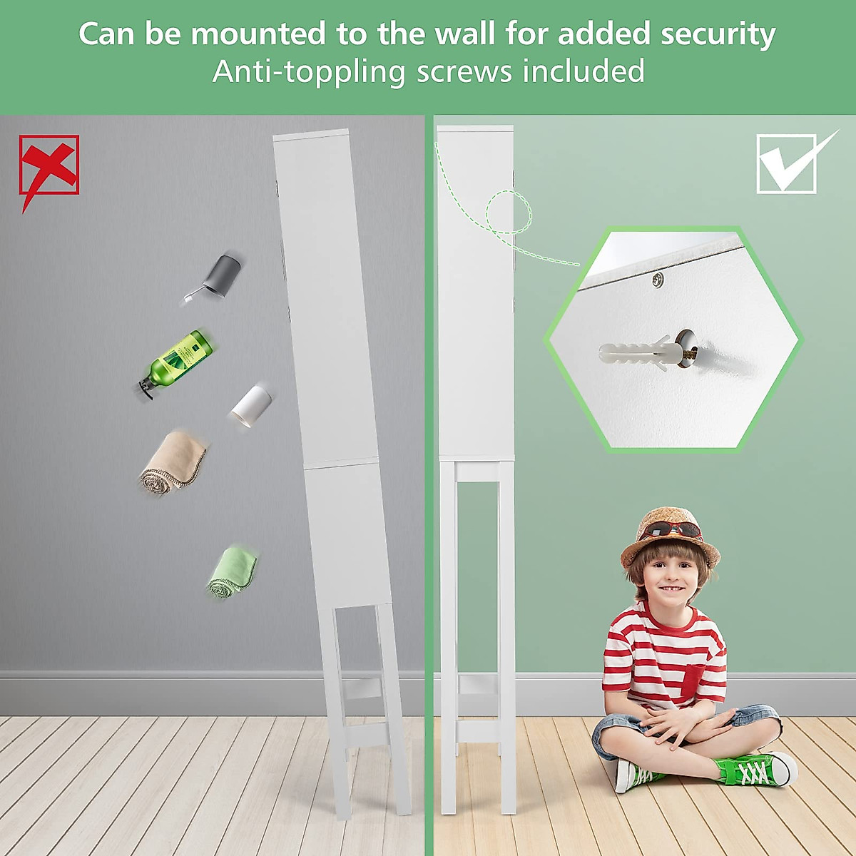 BestComfort Over The Toilet Storage Cabinet, Bathroom Organizer with Frosted Glass Doors, Adjustable Shelf, Open Compartment, Freestanding Over Toilet Rack Unit for Washroom Laundry (67'' H)