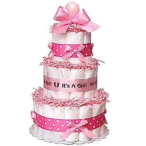 Classic Pink Baby Shower Diaper Cake (3 Tier), Pink Baby Girl Diaper Cake - Girl Diaper Cake, Pink Diaper Cake, It's a Girl Diaper Cake, Baby Shower Centerpiece/New Baby Gift/Welcome Baby Gift