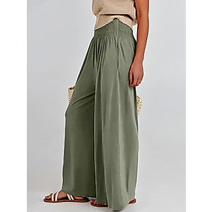 ANRABESS Women Palazzo Pants Summer Boho Bagyy Wide Leg High Smocked Waist Casual Loose Lounge Pant with Pocket Olive X-Large