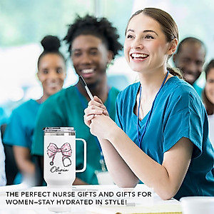 Andaz Press Personalized 40oz Tumbler with Handle, Lid and Straw, Coquette Bow Custom Name 40 oz Tumbler Travel Mug, Nurse Appreciation Gifts Custom Mug with Name Nurse Gifts for Women Nursing Student