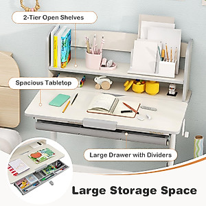 Costzon Kids Desk, Height Adjustable Children Study Desk with Tilt Desktop, Storage Drawer, Hutch, Scale Ruler, Student Writing Table School Desk for Boys Girls Bedroom, Desk for Kids (Grey)