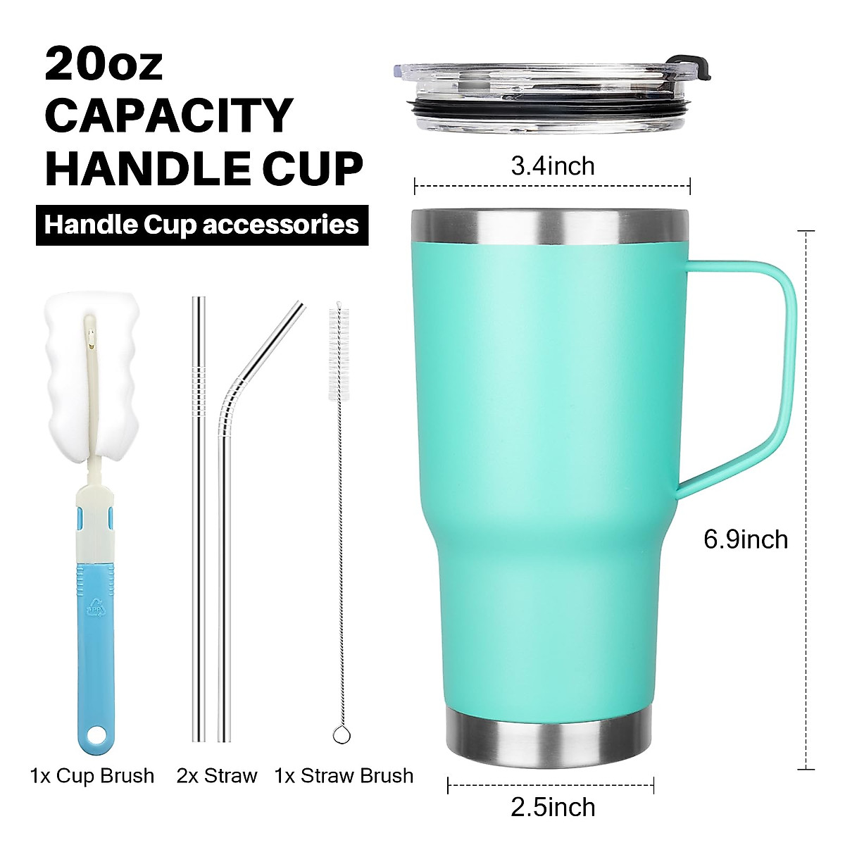 GUDEMAO 20 oz Tumbler with Handle, Stainless Steel Insulated Tumbler with Lid and Straw, Double Wall Vacuum Insulated Coffee Mug Tumbler, Insulated Coffee Thermal Cup for Cold and Hot (Mint Green)
