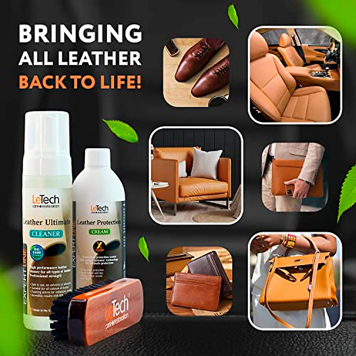 Letech Leather Cleaner for Car Interior 6.8 oz, 4-Piece Shoe Leather Care Kit, Leather Conditioner for Furniture 200 ml, Leather Furniture Cleaner and Conditioner with Cream, Brush, Towel