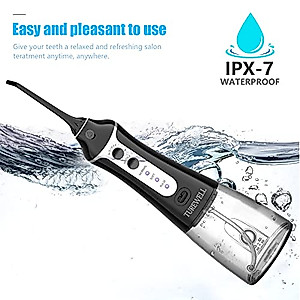 TUREWELL Water Flossing Cordless Oral Irrigator - 300ML Portable IPX7 Waterproof Water Teeth Cleaner, 3 Modes Water Cordless Oral Irrigator for Teeth/Braces, 5 Water Jet Tips for Travel & Family Use