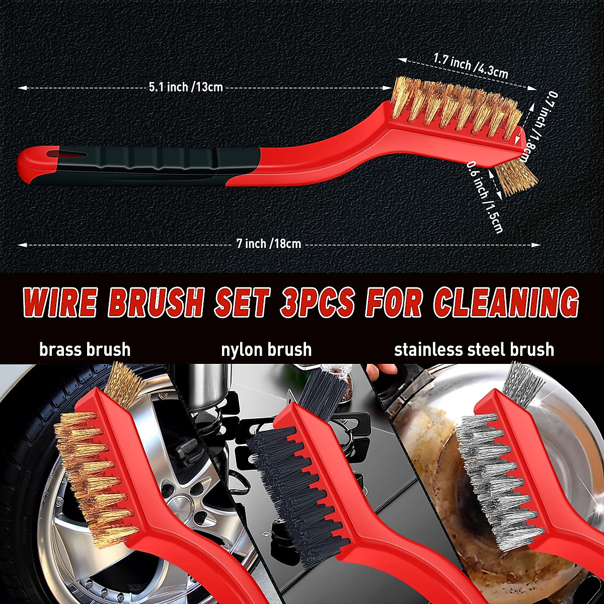 CasaCulina Wire Brush Set 3Pcs, Nylon/Brass/Stainless Steel Bristles with Curved Handle Grip, Small Wire Brushes for Cleaning Rust, Dirt & Paint Scrubbing, 7 Inches Scratch Brush with Deep Cleaning