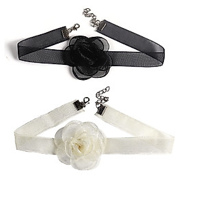 Pingyongchang Bohemian Lace Flower Collar Choker Necklace Soft White Flower Tie Cravat Necklace Wedding Jewelry Gift for Women (black+white)