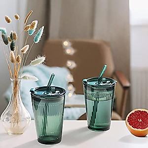 Joeyan Glass Tumbler with Straw and Lid,Green Glasses Water Cup with Straw,Colored Glass Drinking Jars for Juice Beverages Iced Coffee Tea Smoothie Soda Milk,15 oz,Set of 2,Dishwasher Safe
