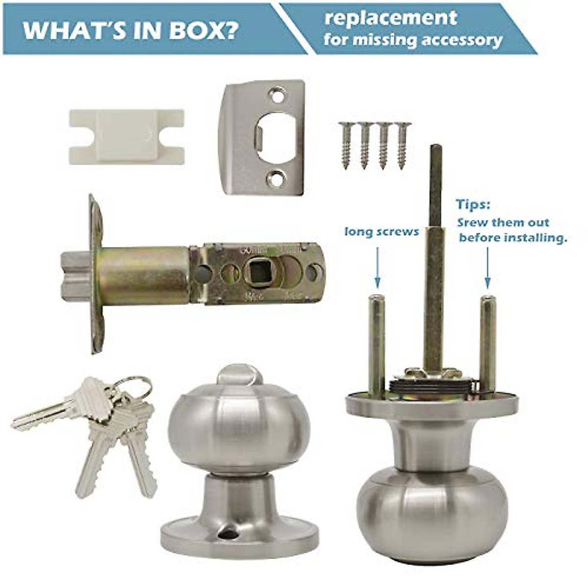 Gobrico Round Satin Nickel Keyed-Alike Entry Locks Knobs 6Pack, Front Enry Door Knobs with Lock and Same Key, Round Ball Style Locksets Door Handles