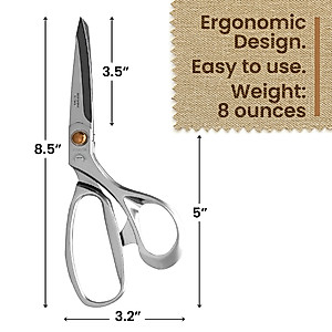 ISEE FABRIC Sewing Scissors 8.5''x.10" Inches Thick Stainless Steel Blade, Professional Scissors for Fabric & Clothing, Tailoring Scissors with Zinc Alloy Handle, Matte Silver - 4 1/4in. Cut Length