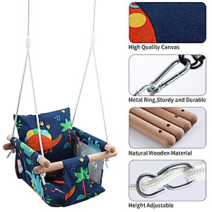 Pellor Wooden Baby Swing Seat with Backrest and Safety Harness,Adjustable Handmade Swing Seat for Baby and Children Indoor & Outdoors (Blue)