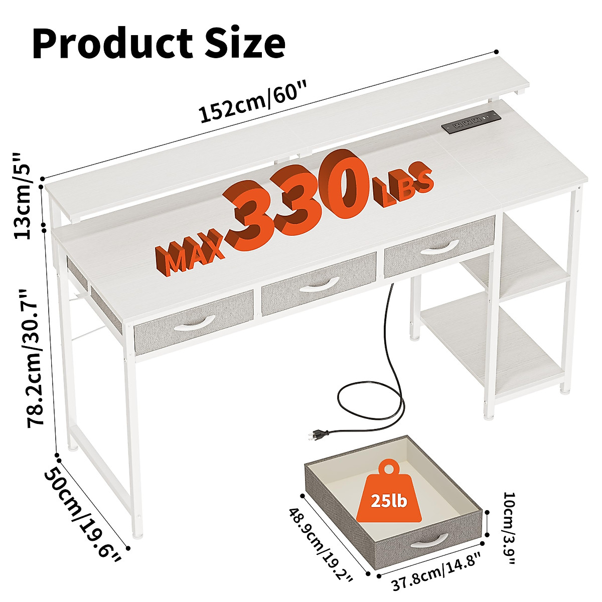 JOISCOPE Home Office Desk with Power Outlets (3AC, USB, Type-C), 60 × 20 Inch Computer Desk with 3 Drawers & Shelves, Laptop Table with Display Riser, Gaming Study Drafting Table for Bedroom, White