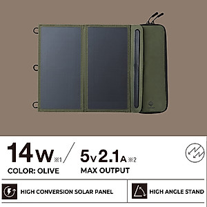 ELECOM NESTOUT Portable Solar Panel, Dual USB-A Ports, 14W Power Generation Charger for Phone Camping, Durable Water-Resistant Ripstop Nylon, Foldable Lightweight, Adjustable Stands (2-Panel)