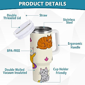 Nexawaveo Cats Doing Different Yoga Poses Beige Tumbler with Handle and Straw 30-40 oz Lid Cup Holder Compatible for Travel Insulated Stainless Steel Cup Food Grade PP Gifts for Him Her BPA-free