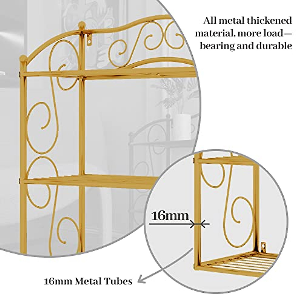 YADOOLIFE Metal Wire Wall Shelf Unit, 3-Tier Wall Mounted Gold Floating Shelves with Liners, Hanging/Standing Storage Shelving Rack for Pantry Bathroom Office Home Organization