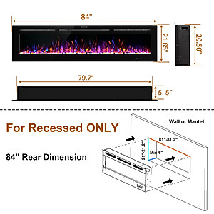 Dreamflame 84 inch Recessed Electric Fireplace,Low Noise in Wall Fireplace Inserts with Heater,Realistic Adjustable Flame with Logs & Crystals,Thermostat, 750/1500W,Home Decor,Black
