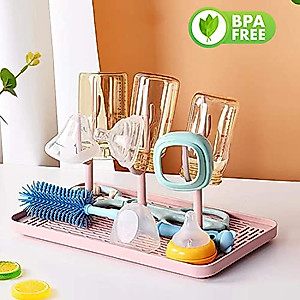 Baby Bottle Drying Rack with Tray Bottle Dryer Holder for Nipples, Cups, Pump Parts and Accessories (Pink)