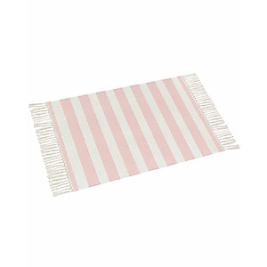 Pink Stripe Bath Rug 2x3ft Woven Bathroom Entryway Runner Rug,White Geometric Striped Modern Boho Minimalist Art Washable Living Room Hallway Bedroom Kitchen Carpet with Tassels Indoor Throw Doormat