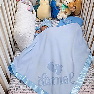 Be Burgundy Personalized Baby Blankets w/Name - Baby Receiving Blanket - 36x36 in | Satin Trim, Fleece | Blue - Baby Boy Gifts, Baby Stuff, Welcome Baby Gifts for Newborns | Footprints