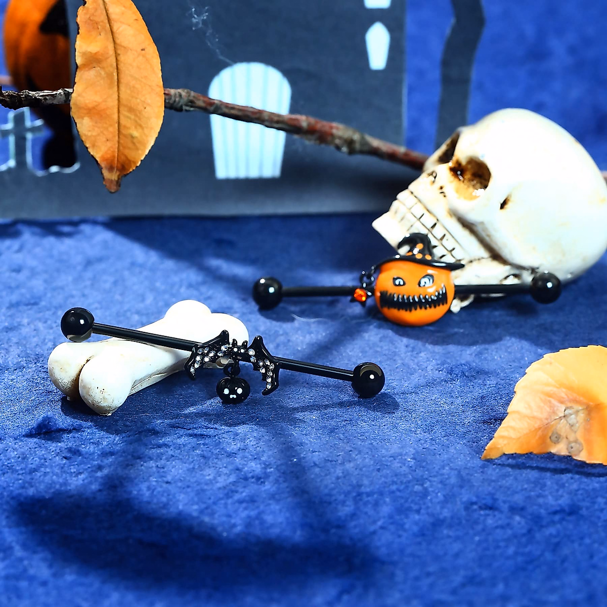 OUFER 2PCS 14G Halloween Industrial Piercing Jewelry Set Black Bat Pumpkin Surgical Steel Cartilage Earring Industrial Earrings for Women