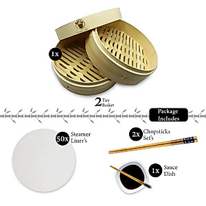 TASTECRAFTS Bamboo Steamer Basket 10-Inch, 2-Tier Design with Complimentary Chopsticks, Steamer Liners and Ceramic Dish for Sauce, Dumpling Steamer, Vegetable Steamer, Rice Steamer.