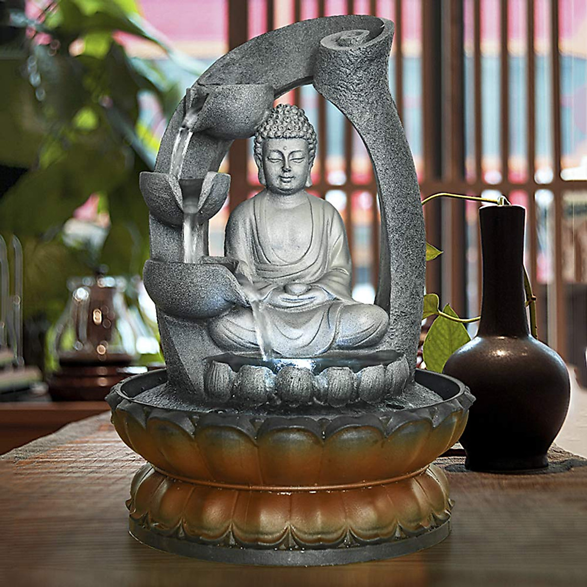 PeterIvan Buddha Fountain - 11in Buddha Tabletop Water Fountain for Home&Office Decoration, Decorative Sculpture with LED Light&Circular Water Flow for Good Luck Keeping (Grey, 11inch)