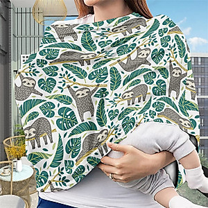 Forchrinse Cute Sloth and Leaves Nursing Cover Breastfeeding Cover,Stretchy Car Seat Cover for Baby,Soft Breathable Infant Car Seat Canopy