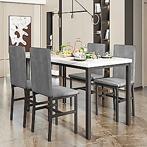 MIERE Dining Table Set for 4, 5-Piece Marble DiningTableSet with 4 Velvet Metal Frame Chairs for Kitchen, Bar, Living Room, Breakfast Nook, Small Space, 03 Gray