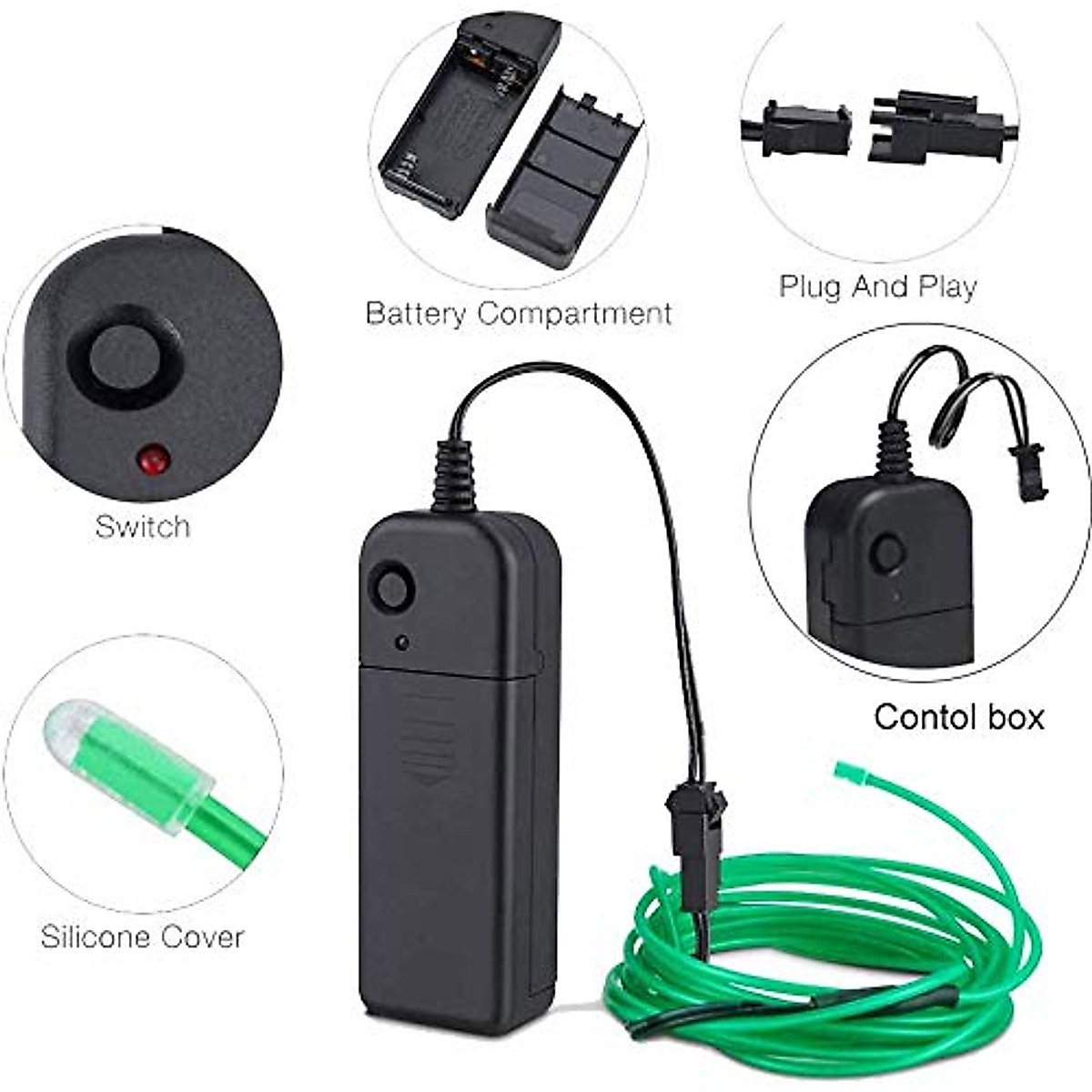 MaxLax EL Wire Portable Set, 9ft Cuttable Battery Pack Neon Glowing Electroluminescent Wire Light kit(Green, Blue, Red, White, Pink) for Halloween Decorations DIY