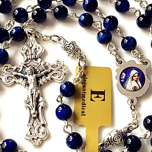 elegantmedical HANDMADE Blue Tiger Eye Beads & Silver Rose Beads ROSARY CROSS Crucifix Necklace box