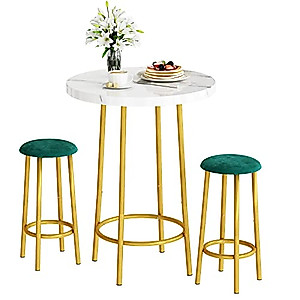 Hooseng Bar Table Set, 3 Pieces Round Dining Table Set with Counter Height Faux Marble Table and 2 Stools, Space Saving Bar Table and Chairs Set for Breakfast Nook Apartment Cafe Small Space, Green